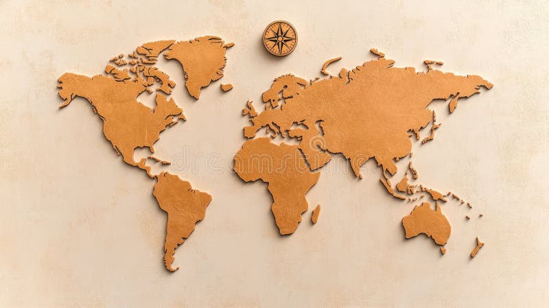 Displaying Orange Textured Three Dimensional World Map with Compass on ...
