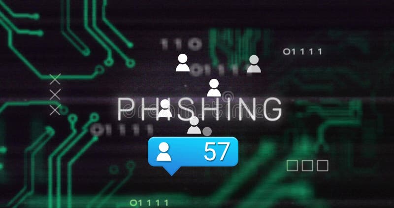 Displaying PHISHING Text Pulsing on Dark Interface, with User Icons and ...