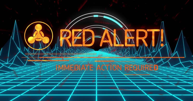 Displaying RED ALERT Graphic Hovering Over Cyan Grid in Wireframe Landscape with Progress Arc ...