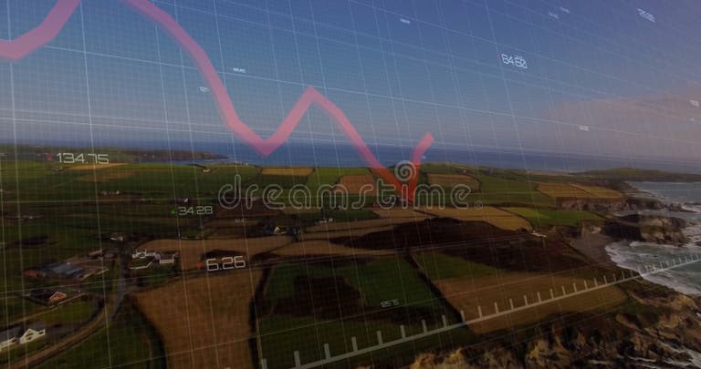 Displaying Red Downward Trending Graph Arrow Above Coastal Farmland ...