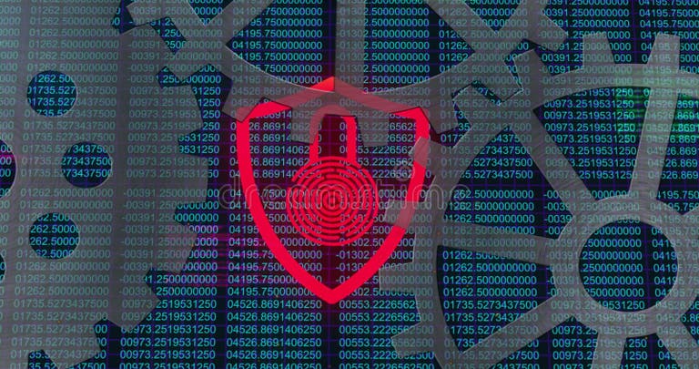 Displaying Red Shield Icon with Padlock Fingerprint Protecting Code ...