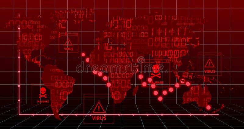 Displaying Red World Map Tracing Malware, Virus Markers on 3D Grid Network with Binary Code ...
