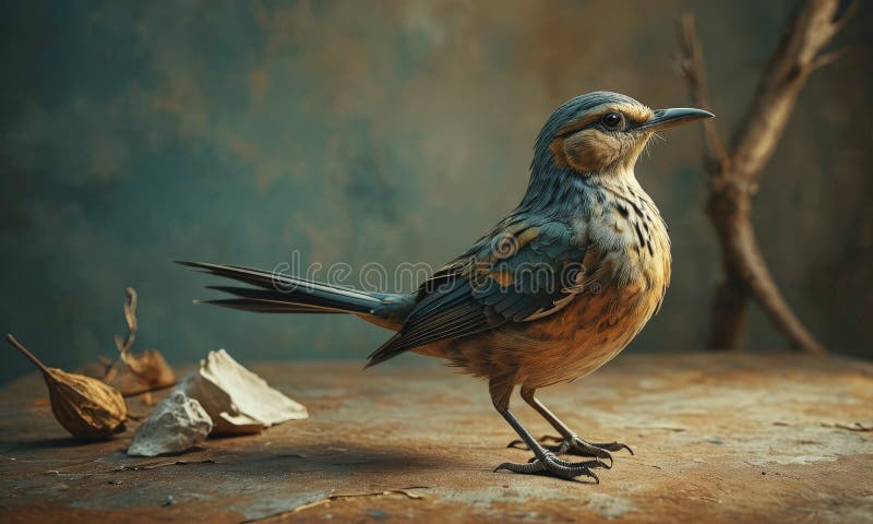 Bird Standing on Table with Leaf in Its Beak Stock Illustration ...