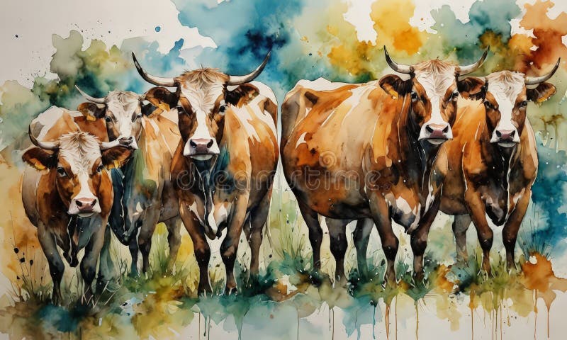 Three Cows Standing in Field with Watercolor Paint Stock Illustration ...