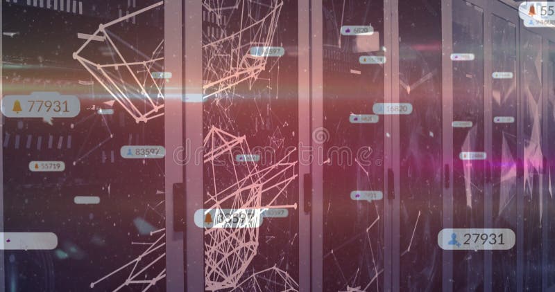 Displaying Server Rack Emitting Wireframe Data in Server Corridor, with Floating Labels and LEDs ...