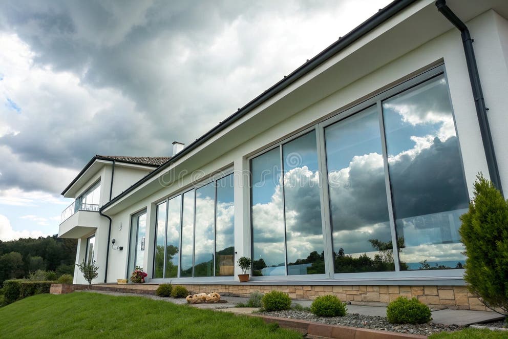 Displaying the Sky in Clouds in the Windows of a Modern Home Stock ...