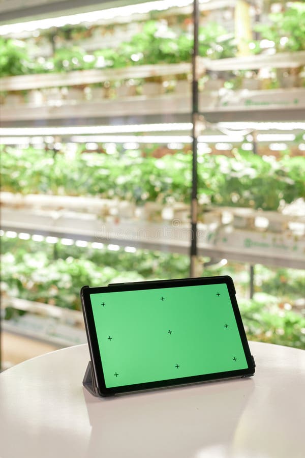 Displaying Tabletop Tablet in Hydroponic Garden Setting Stock Image ...