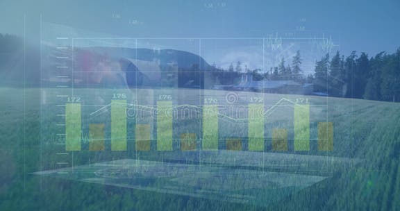 Displaying Translucent Green Bar Chart with White Line Graph Over Rural ...