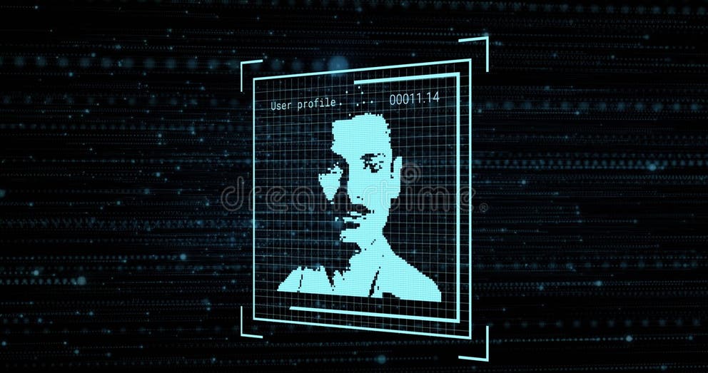 Displaying User Profile Window Showing Pixelated Male Face in Interface, with Cyan Grid and Code ...