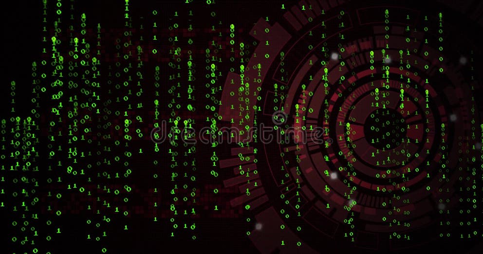 Displaying Virtual System Showing Cascading Green Binary Code in Cyberspace, with Red HUD ...
