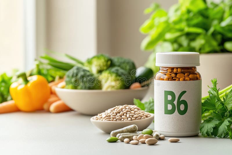 Displaying Vitamin B6 Tablets Alongside Natural Sources on a Kitchen ...