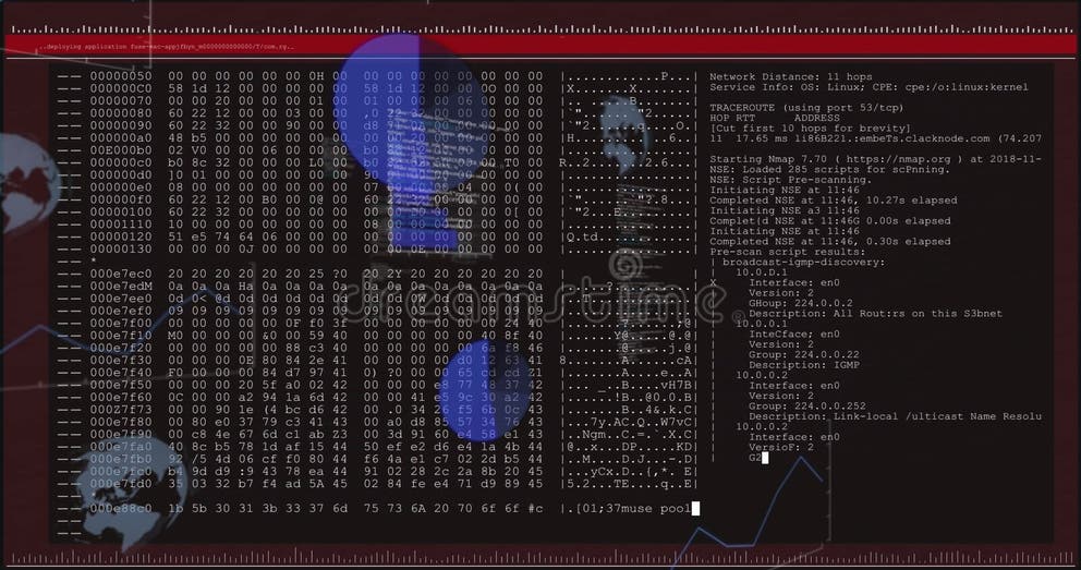 Displaying Windows Showing Hex Dump and Network Scan Output on ...