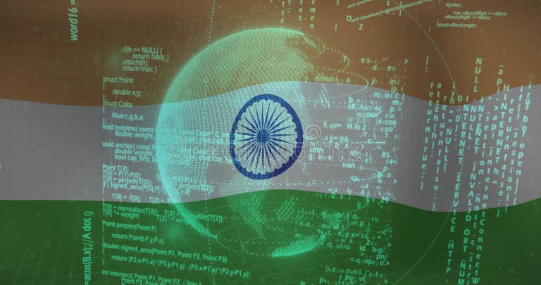 Displaying Wireframe Globe on Indian Flag Backdrop, Overlaying Ashoka ...