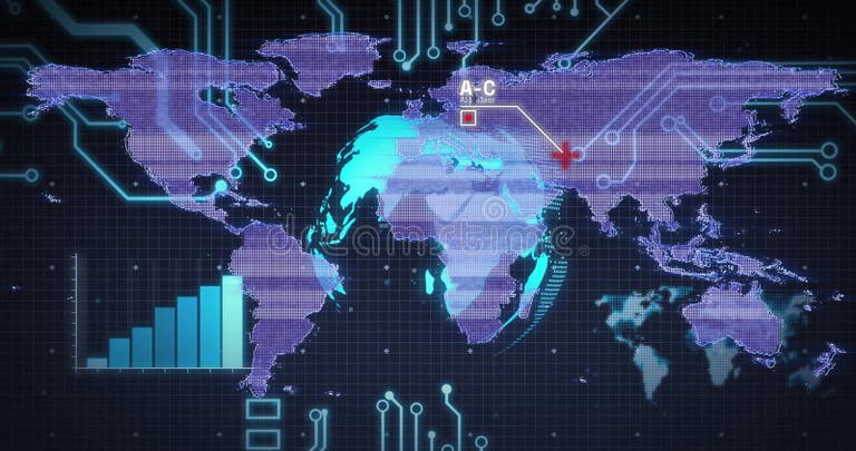 Displaying World Map on Dark Grid Interface, with Neon Circuits, Red ...