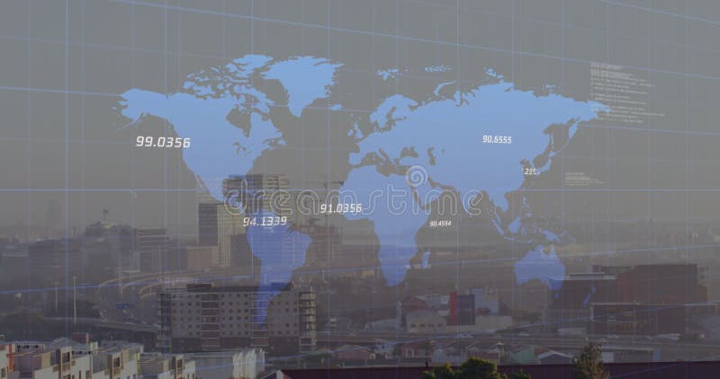 Displaying World Map Overlay Spanning City Skyline with Grid Lines ...