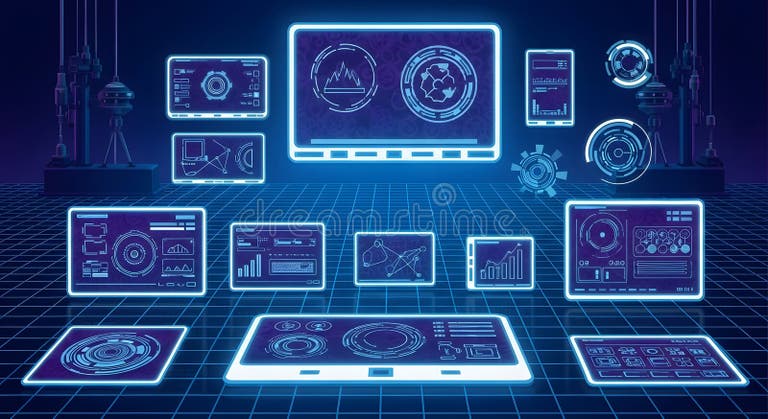 Futuristic Control Room Interface with Glowing Panels and Grid ...