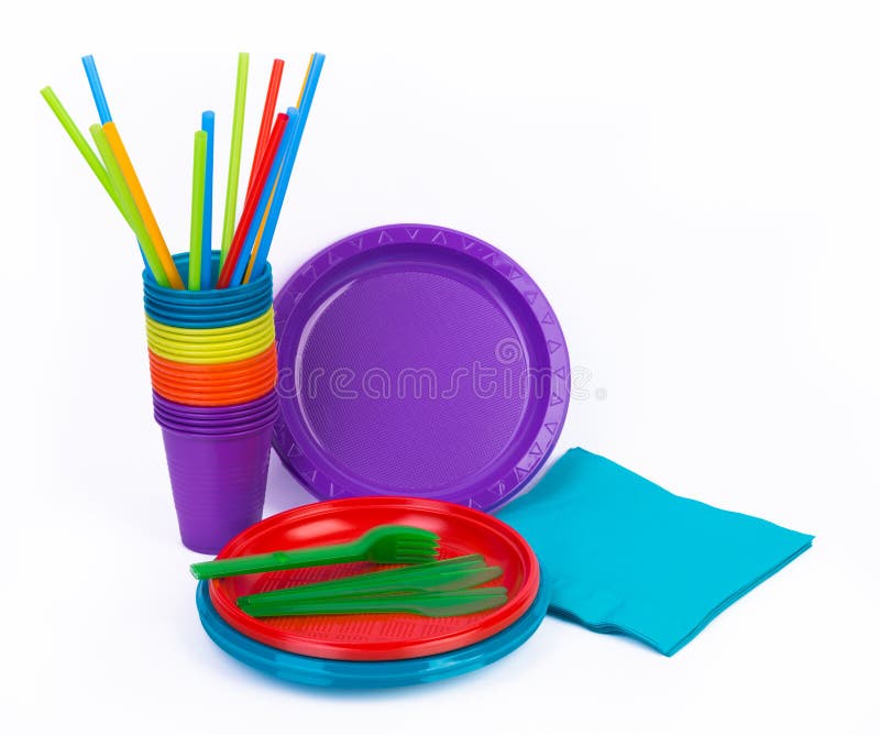 Disposable Bright Plastic Cups and Plates Stacked Stock Image - Image ...