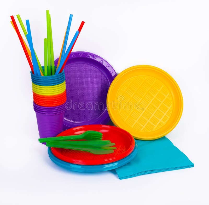 Disposable Bright Plastic Cups and Plates Stacked Stock Image - Image ...