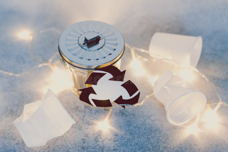 Disposable Cups and Garbage Bin with Recycle Symbol, Concept of ...