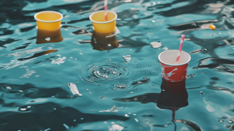 Disposable Cups and Straws Floating in Blue Water Stock Illustration ...