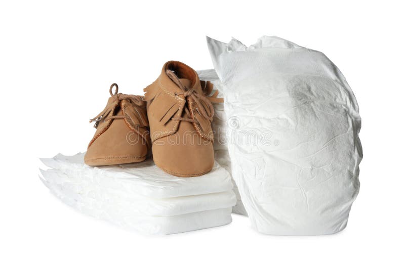 Disposable Diapers and Child`s Shoes on Background Stock Image - Image ...