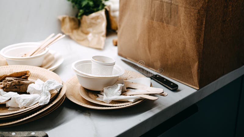 Disposable Eco-Friendly Plates and Utensils after Use Stock Photo ...