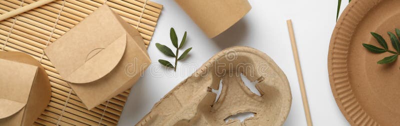 Disposable Eco Friendly Products on White Background, Flat Lay. Banner ...