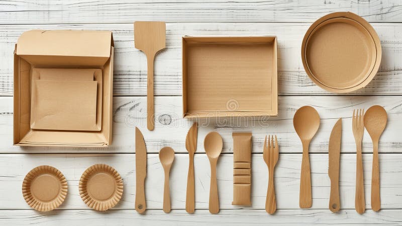 Eco-friendly Disposable Tableware Set on Wooden Background. Contains ...