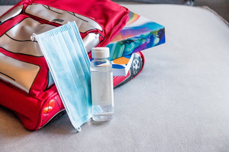 Disposable Mask and Hand Sanitizer on a Kid`s Backpack Stock Image ...