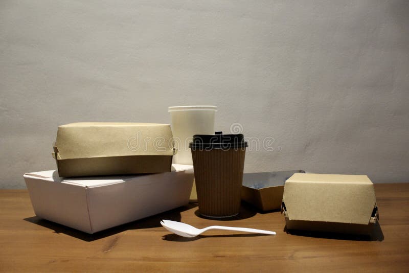 Disposable Paper Food Packaging and Plastic Cutlery Stock Image - Image ...