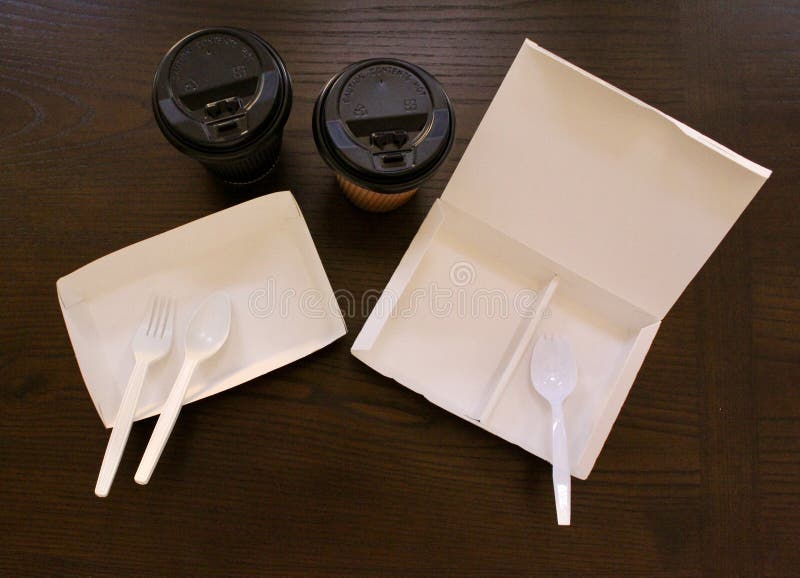 Disposable Paper Food Packaging and Plastic Cutlery Stock Image - Image ...