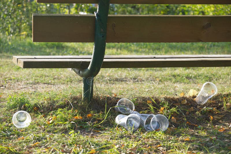 Disposable Plastic Cups Alongside a Wooden Bench Stock Image - Image of ...