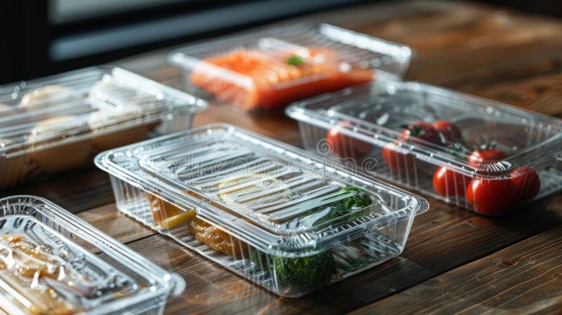 Disposable Plastic Packaging with Food Items on a Wooden Table Stock ...