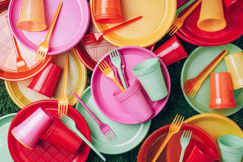Disposable Plastic Tableware - Plates, Forks, Spoons. Colored Plastic ...