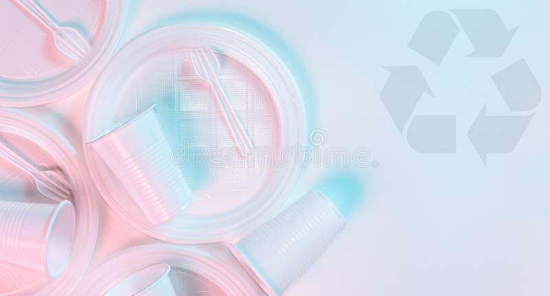 Disposable Plastic Tableware and Recycling Sign on a Light Background ...