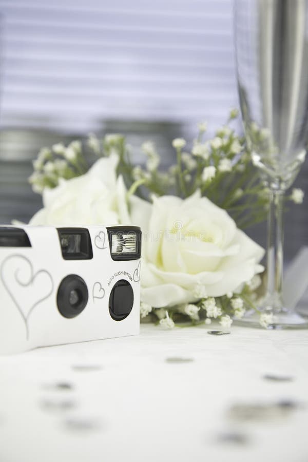 Disposable White Wedding Camera Stock Image - Image of table, glass ...