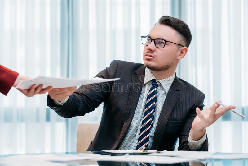 Dissatisfied Grumpy Boss Document Irritable Man Stock Photo - Image of ...