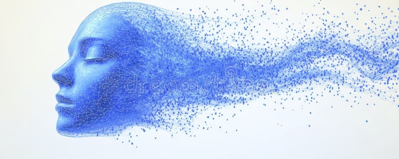 A Dissolving Blue Wireframe Human Face on a White Background. Stock ...