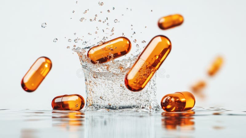Dissolving Capsules in Water with Splash Effect Over White Background ...