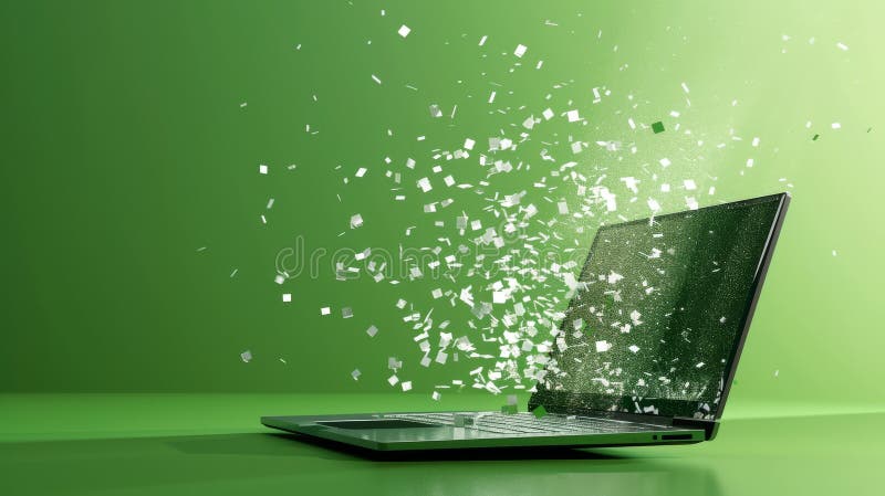 Dissolving Laptop with Abstract Green Particle Effects Stock Image ...