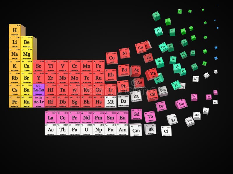 Dissolving Periodic Table on Black Background. Cubes Colored by Element ...