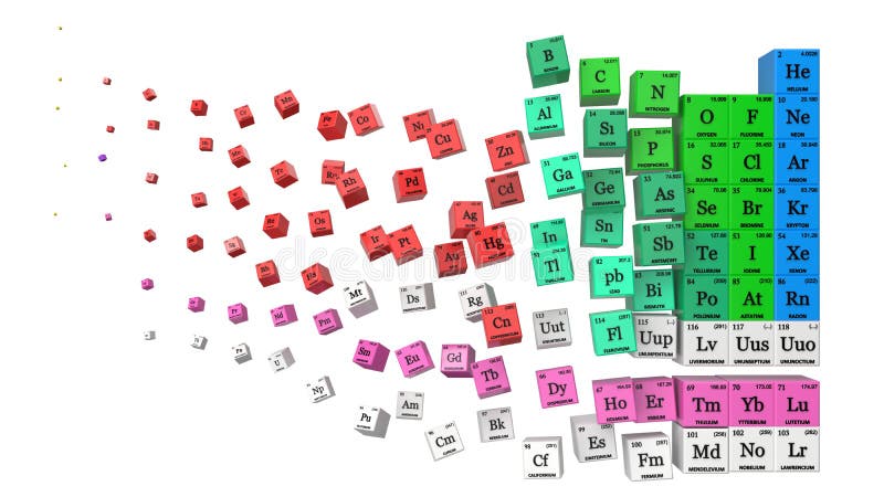 Dissolving Periodic Table on Black Background. Cubes Colored by Element ...