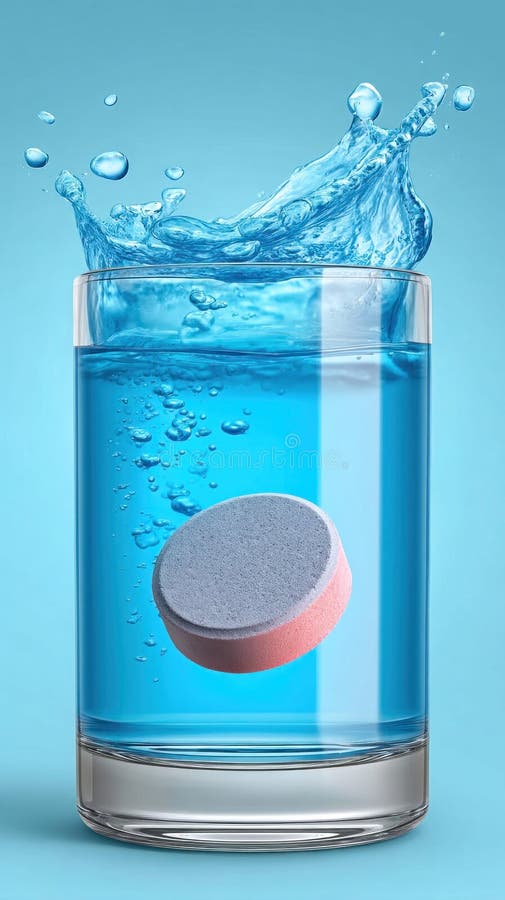 A Dissolving Tablet Creates a Splash of Water in a Clear Glass Against ...