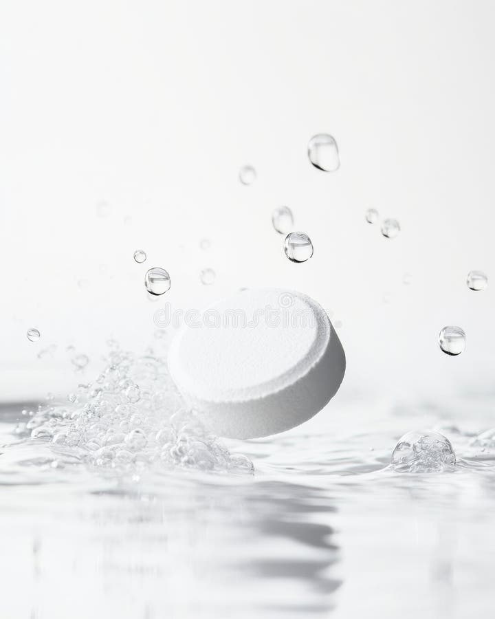 Dissolving White Tablet Creates Effervescent Bubbles in Clear Water ...