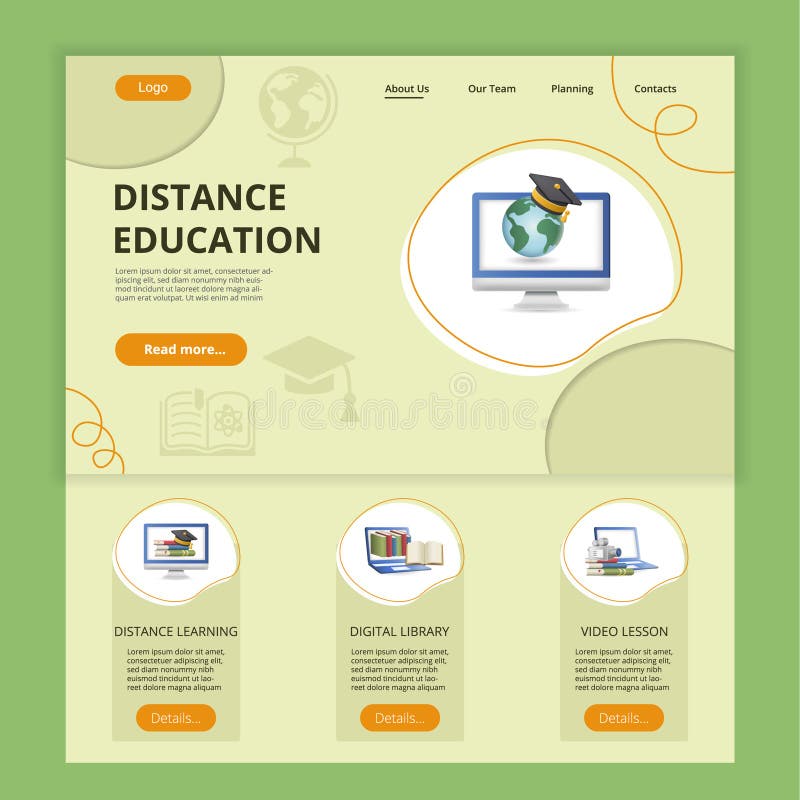 Distance Education Flat Landing Page Website Template. Distance Learning, Digital Library, Video ...