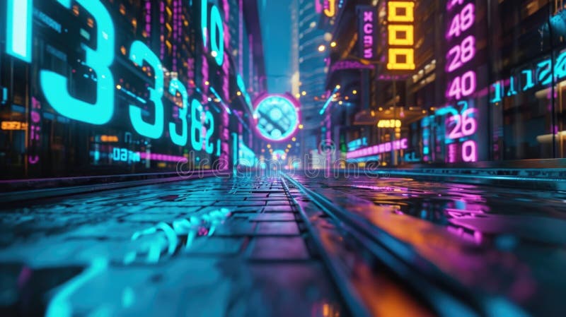 In the Distance a Holographic Clock Tower Displays the Time in Bright ...