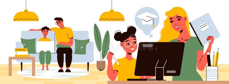 Distance Learning Composition with Indoor Scenery and Kids at Computers with Their Parents and ...