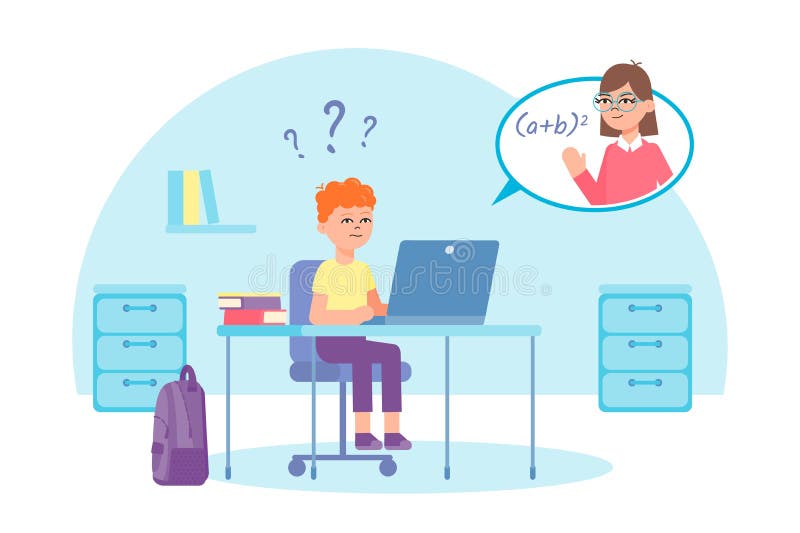 Distance Learning Concept. Student is Learning Math at Home Stock ...