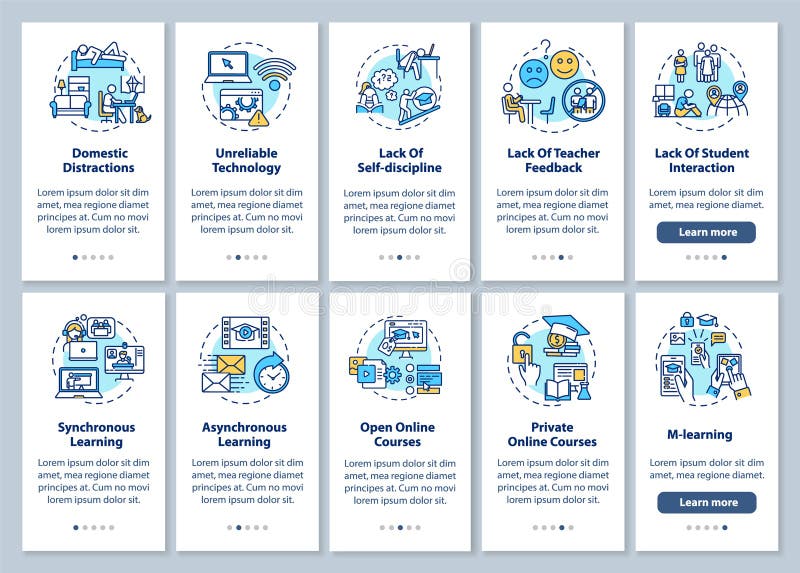 Distance Learning Cons and Types Onboarding Mobile App Page Screen with ...