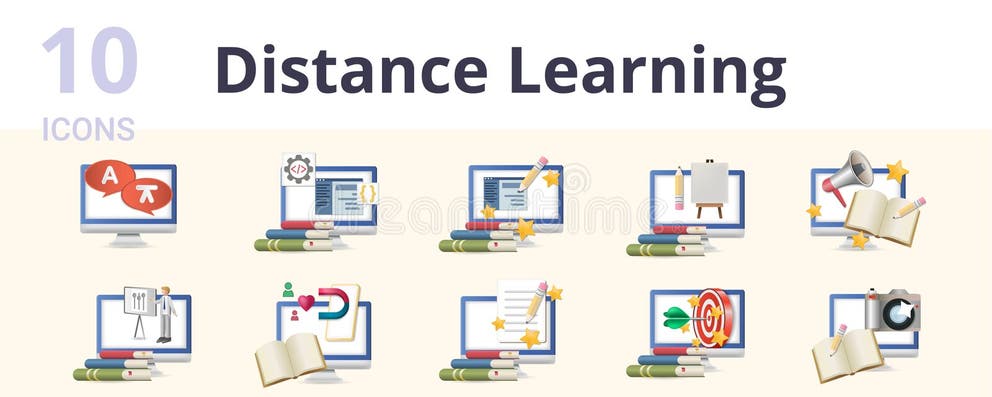 Distance Learning Set. Creative Icons: Language Classes, Programmer ...
